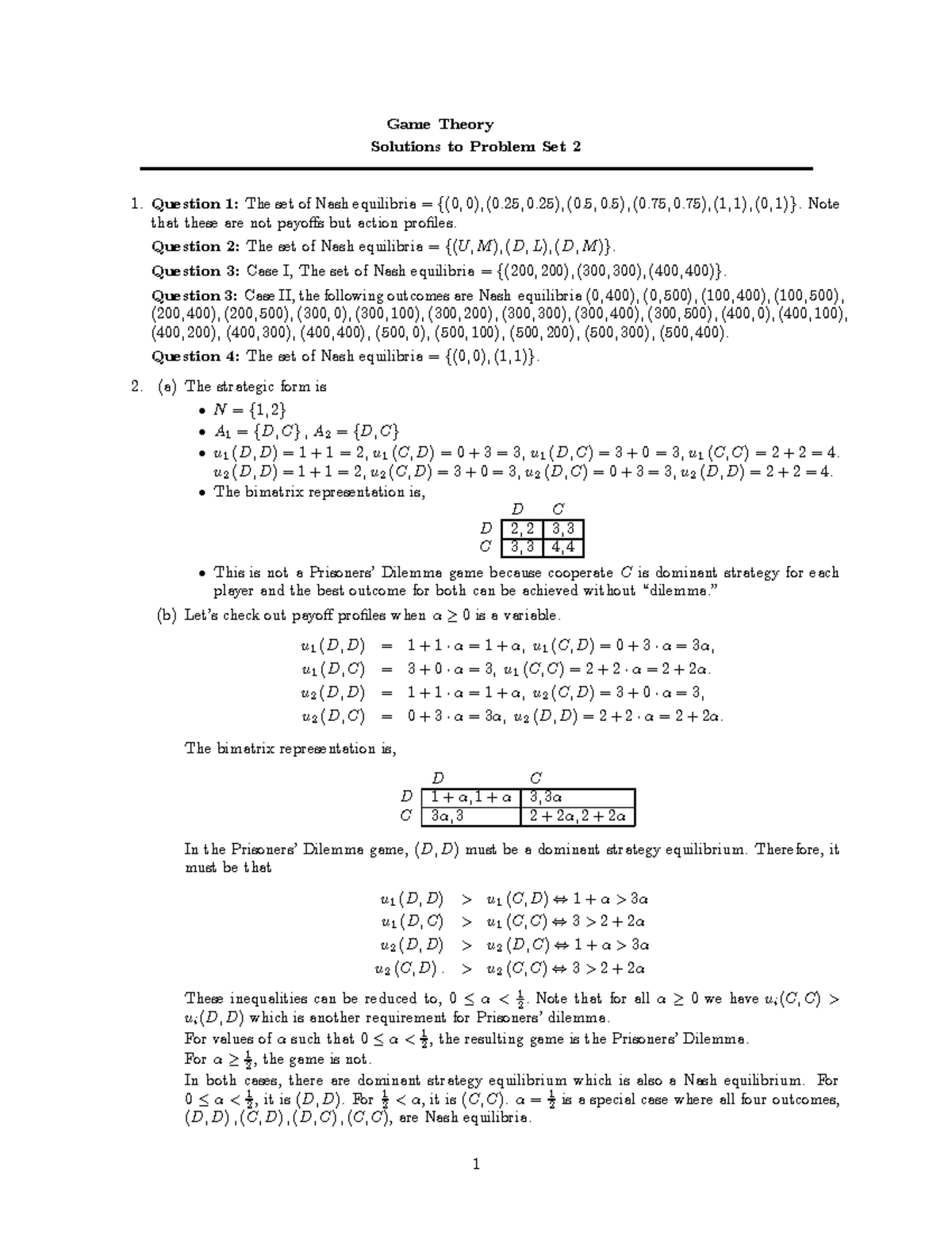 Ugsps 2 - PROBLEM SET - Game Theory Solutions to Problem Set 2 Question ...