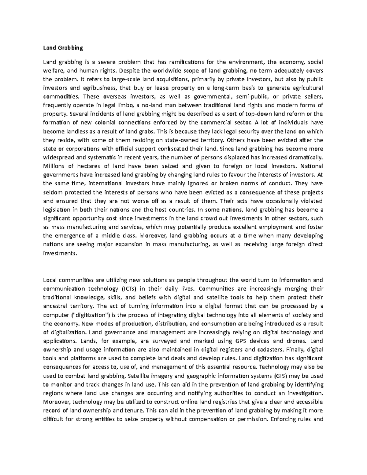 Land Grabbing - Land Grabbing Land grabbing is a severe problem that ...