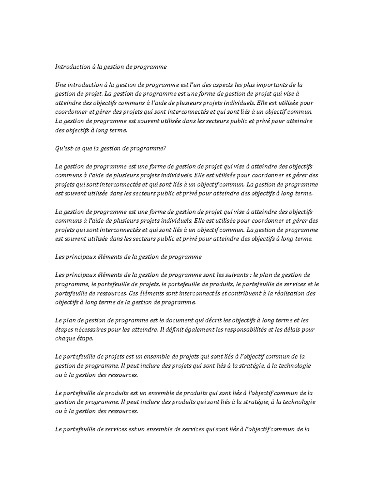 Program Management note study - Introduction à la gestion de programme ...