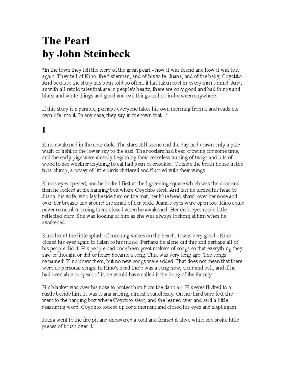 The pearl john steinbeck - The Pearl by John Steinbeck "In the town ...