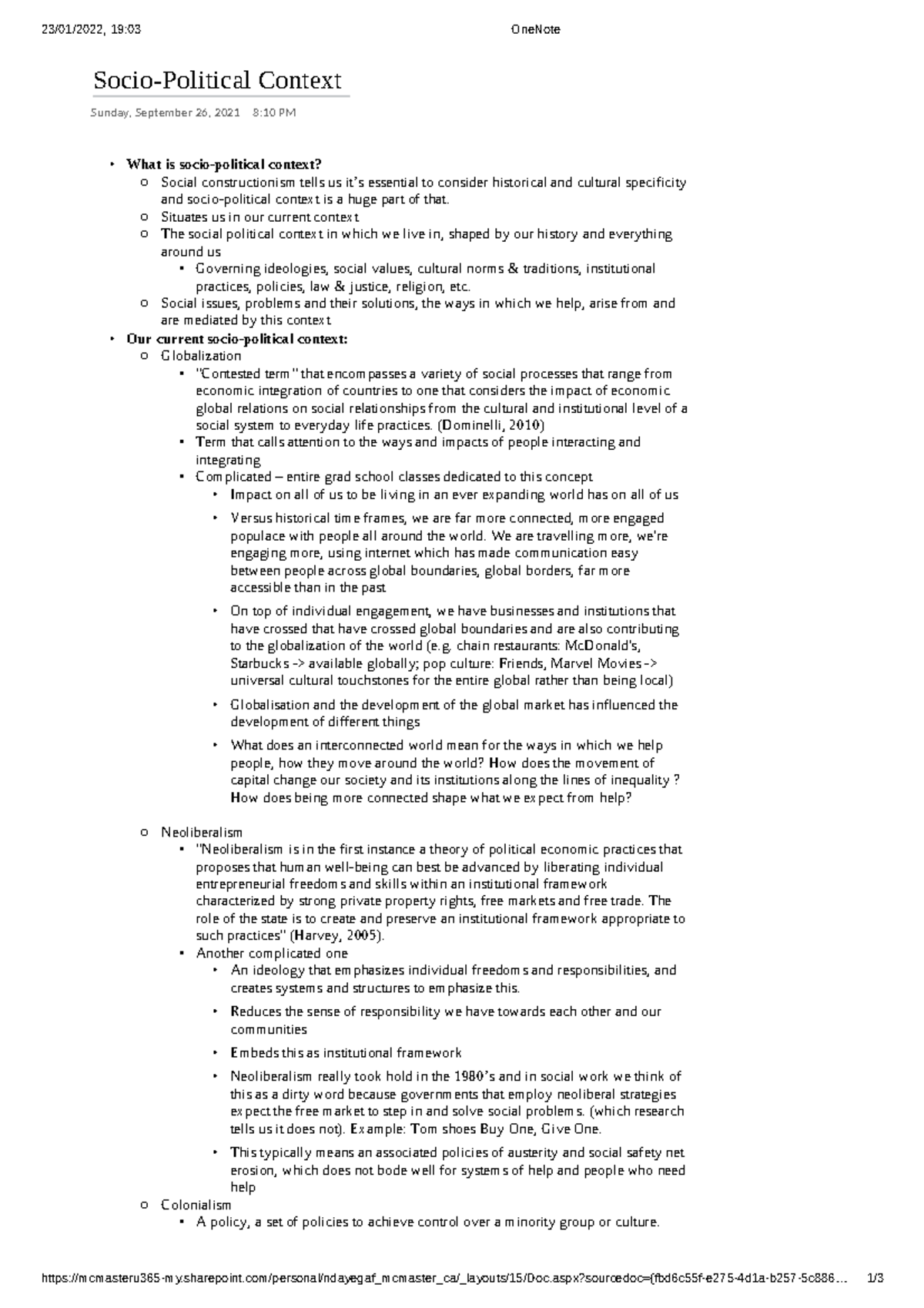 SOCWORK 1AA3 - Lecture 2.2: Socio-Political Context - 23/01/2022, 19:03 OneNote - Studocu