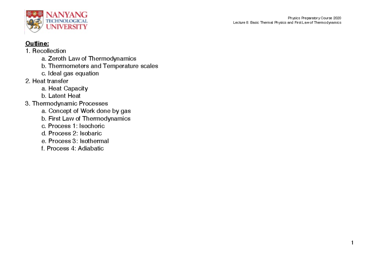 Physics Preparatory Course Lecture 8 Notes - Outline: Recollection a ...