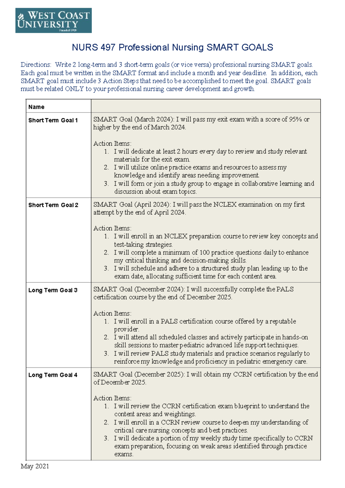 Smart Goals - NURS 497 Professional Nursing SMART GOALS Directions ...