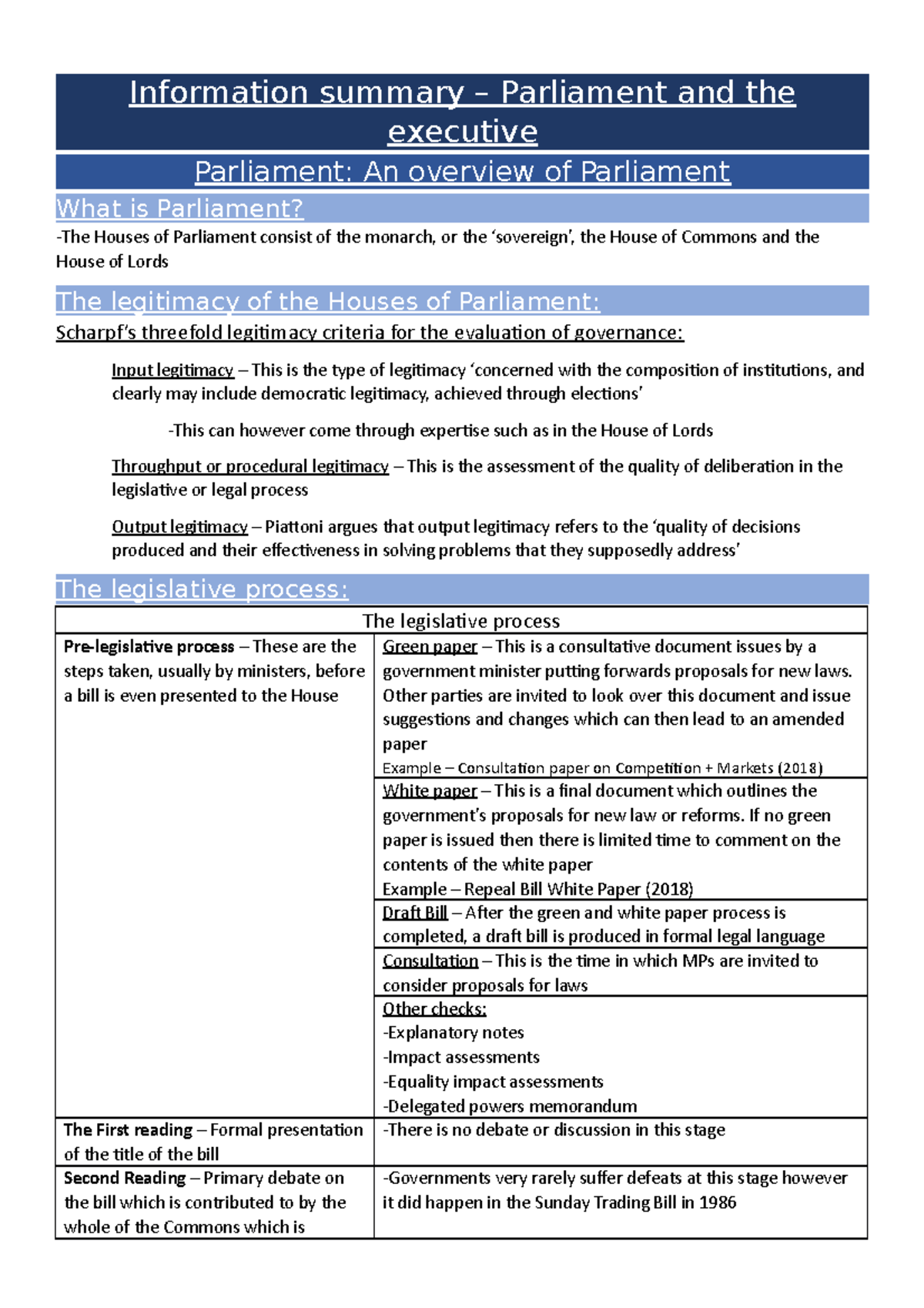 Information summary - Parliament and the executive - Information ...