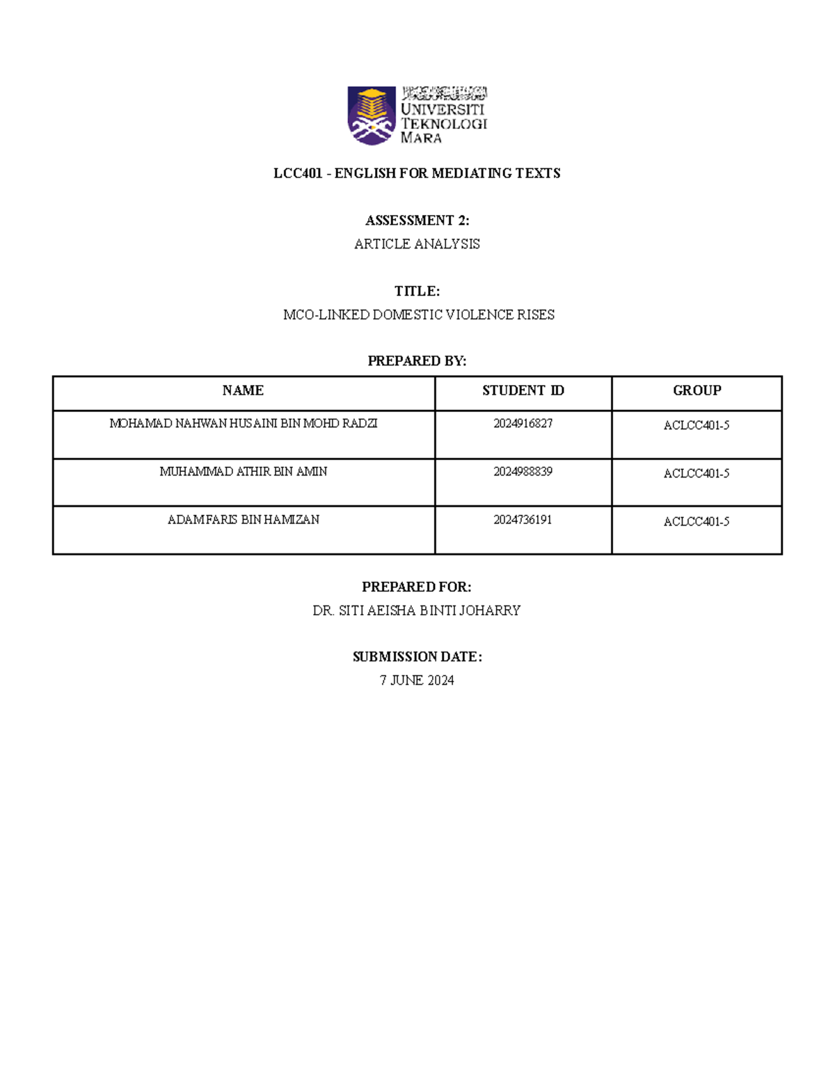 LCC401-05 Group 4 Article Analysis Assessment - LCC401 - ENGLISH FOR ...