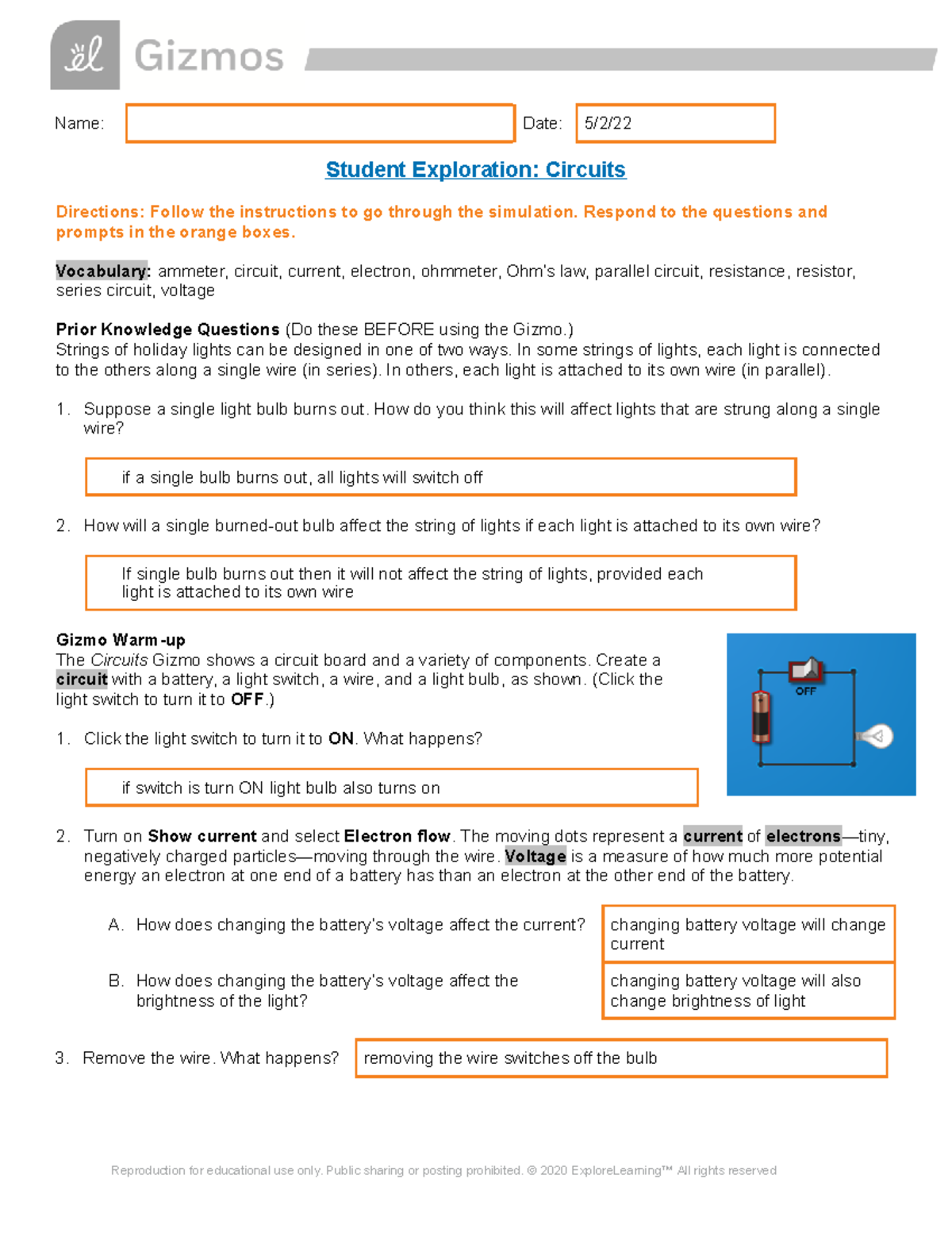 Copy of Gizmo Electric Circuits - Garcia, Evelyn - Name: Date: 5/2 ...