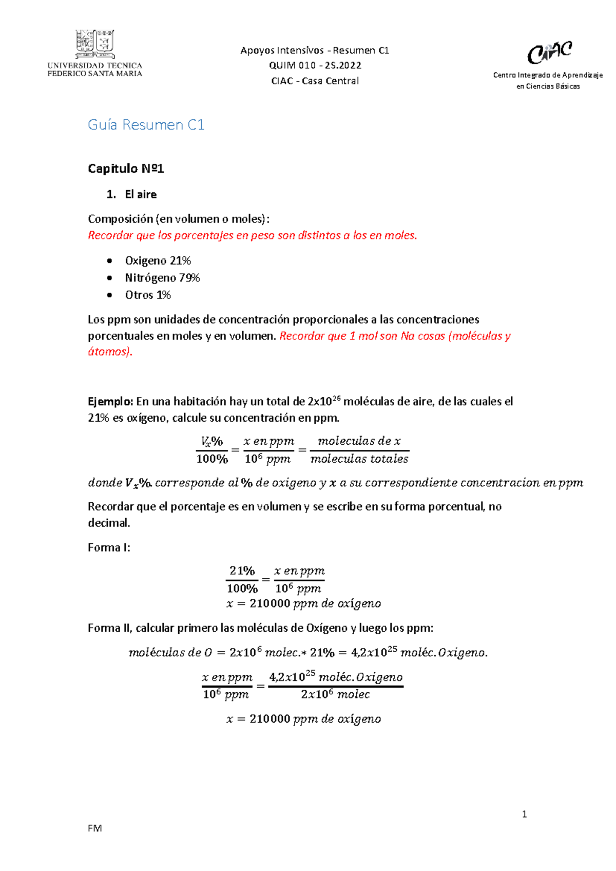 C1 Resumen Materia - 1 Centro Integrado de Aprendizaje en Ciencias Básicas QUIM 010 - 2 S 22 ...