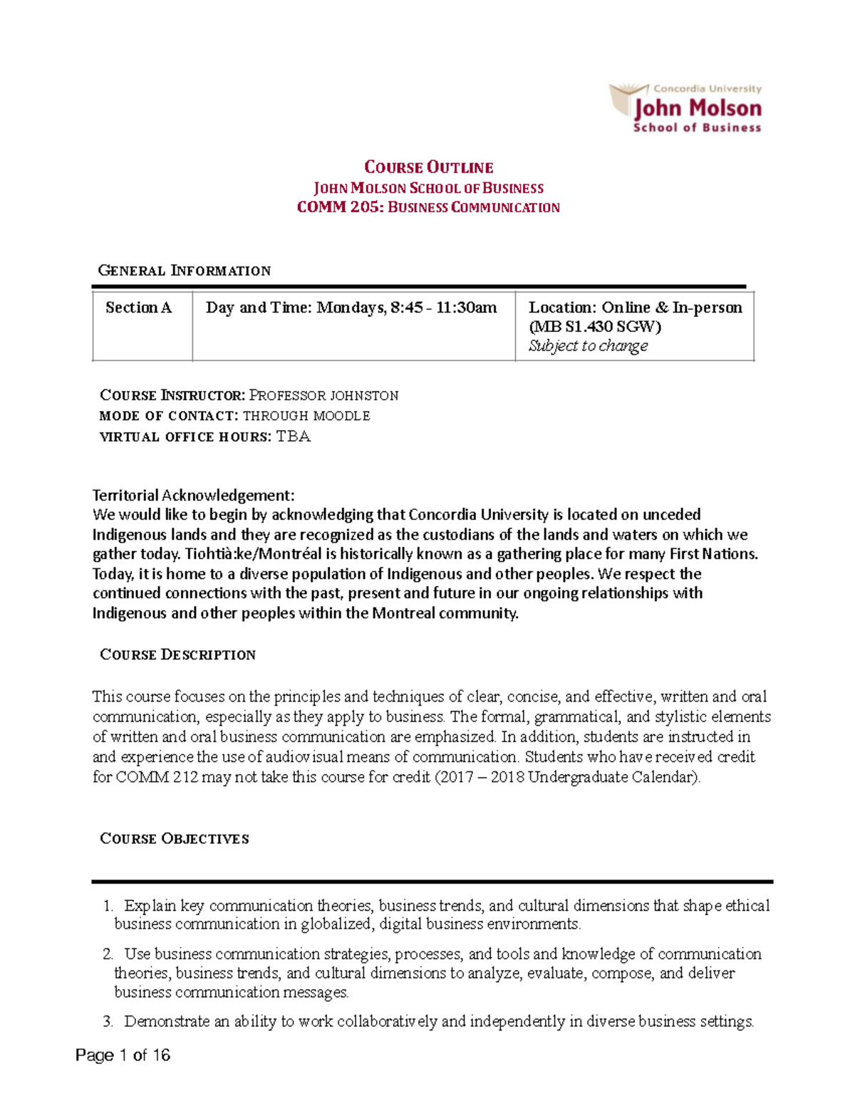 COMM205 outline - COURSE OUTLINE JOHN MOLSON SCHOOL OF BUSINESS COMM ...