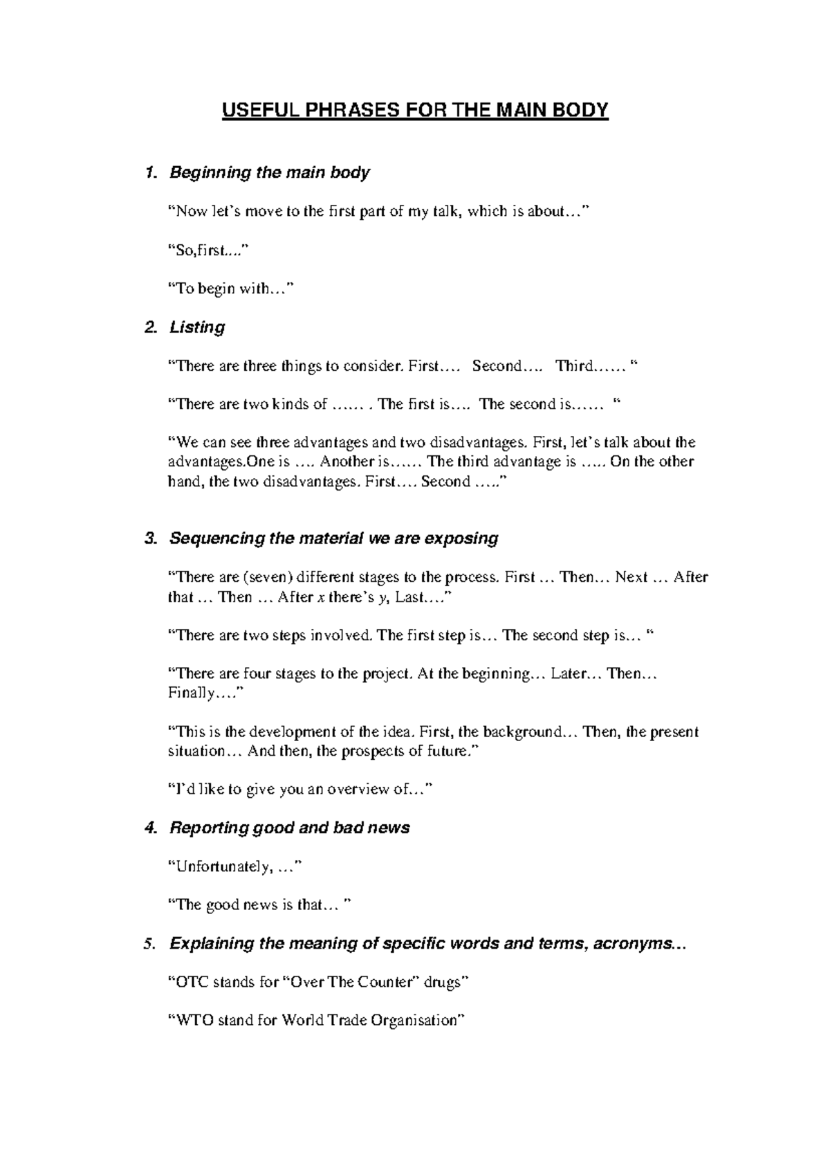 THE MAIN BODY - ejercicios de clase - USEFUL PHRASES FOR THE MAIN BODY ...