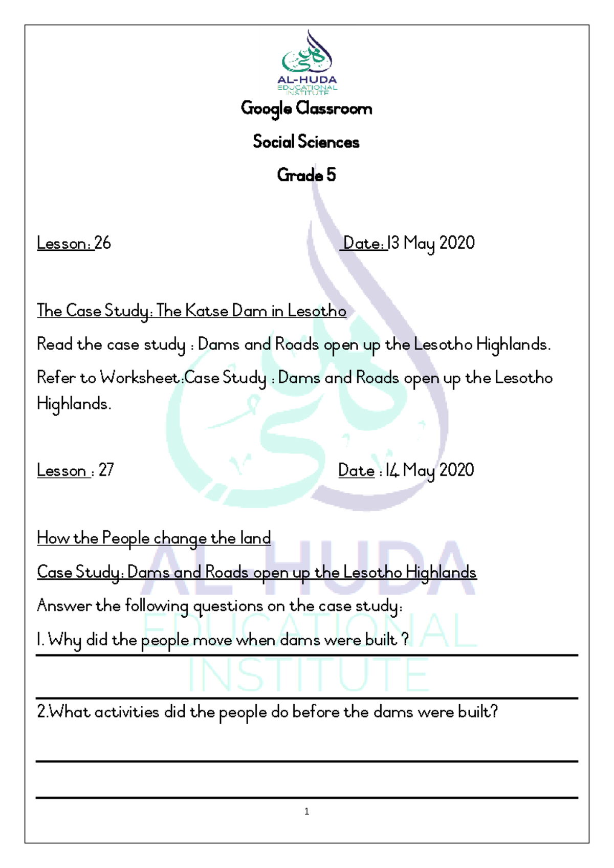 SS Gr 5 Week 7 - Google Classroom Social Sciences Grade 5 Lesson: 26 ...