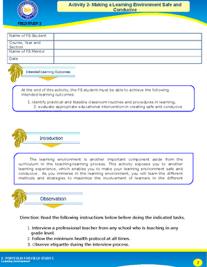 FS 2 Activity 1 - None - E- PORTFOLIO FOR FIELD STUDY 2 Domain 1 ...