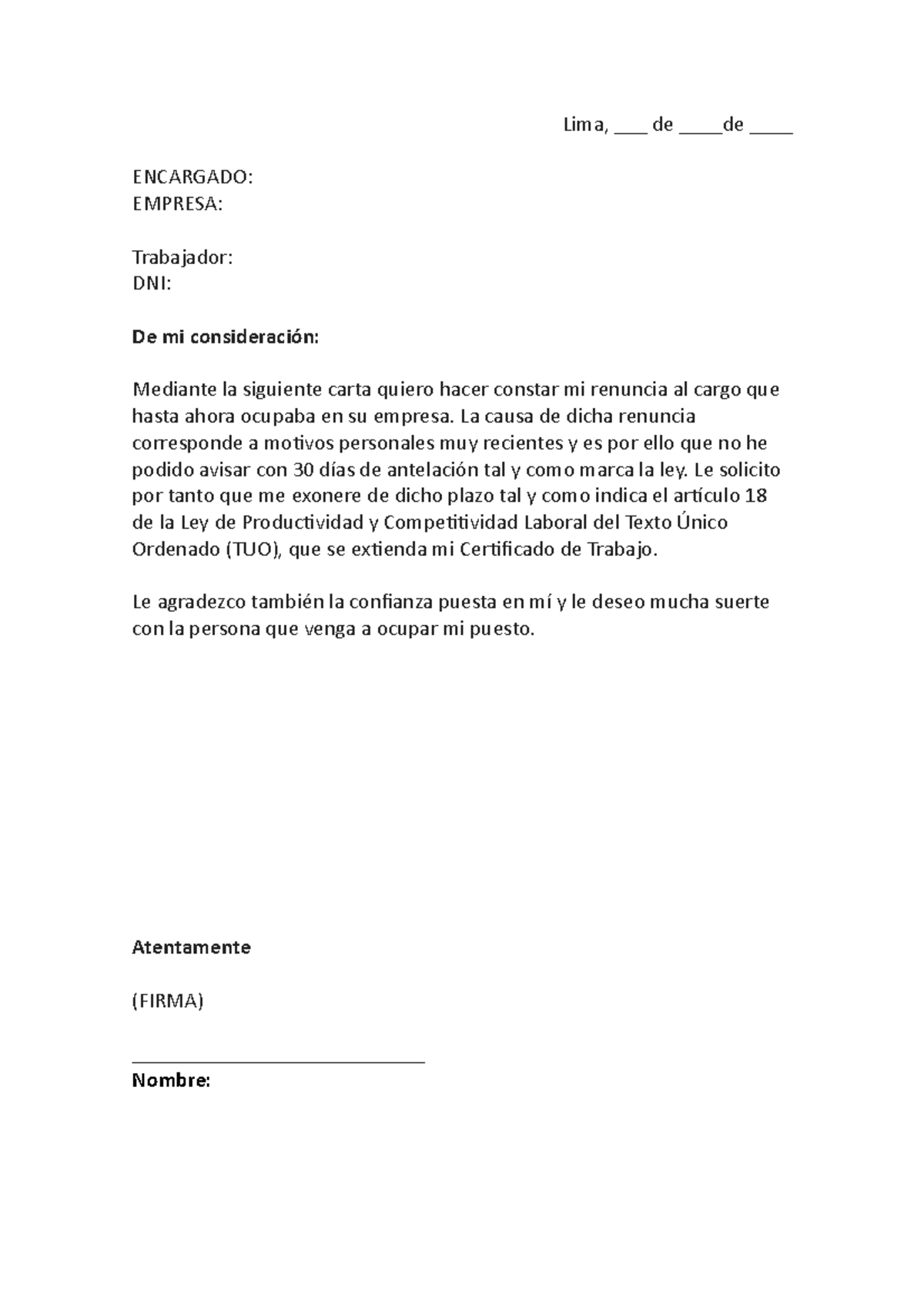 Modelo de Carta de renuncia con exoneracion de preaviso 1 - Lima ...