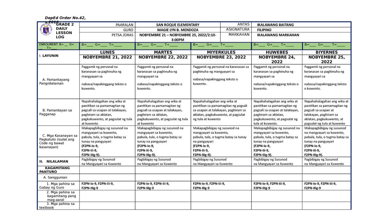 DLL Filipino 2 Q2 W3 - Daily Lesson Log - GRADE 2 DAILY LESSON LOG ...