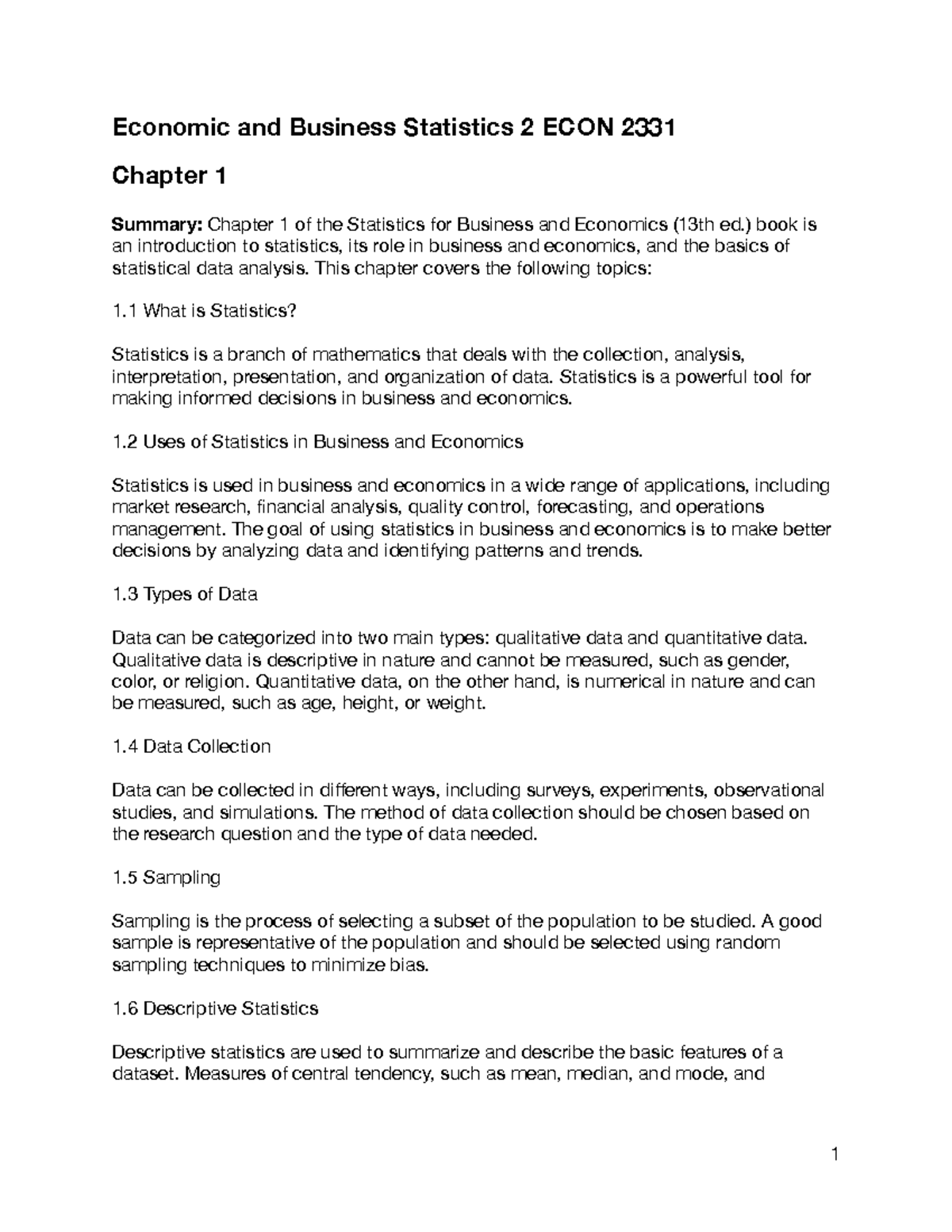 ECON 2331 - Chapter 1 - Economic and Business Statistics 2 ECON 2331 ...