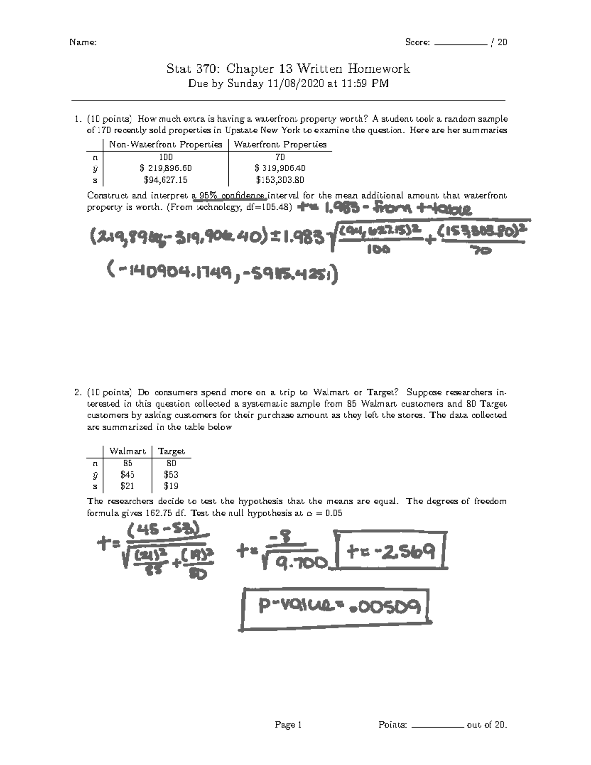 Stat 370 ch 13 written homework - Name: Score: / 20 Stat 370: Chapter 13 Written Homework Due by ...
