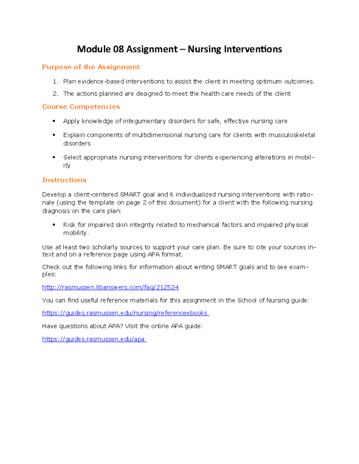 MDC 1 module 8 assignment ] - Module 08 Assignment – Nursing Interventions Purpose of the ...