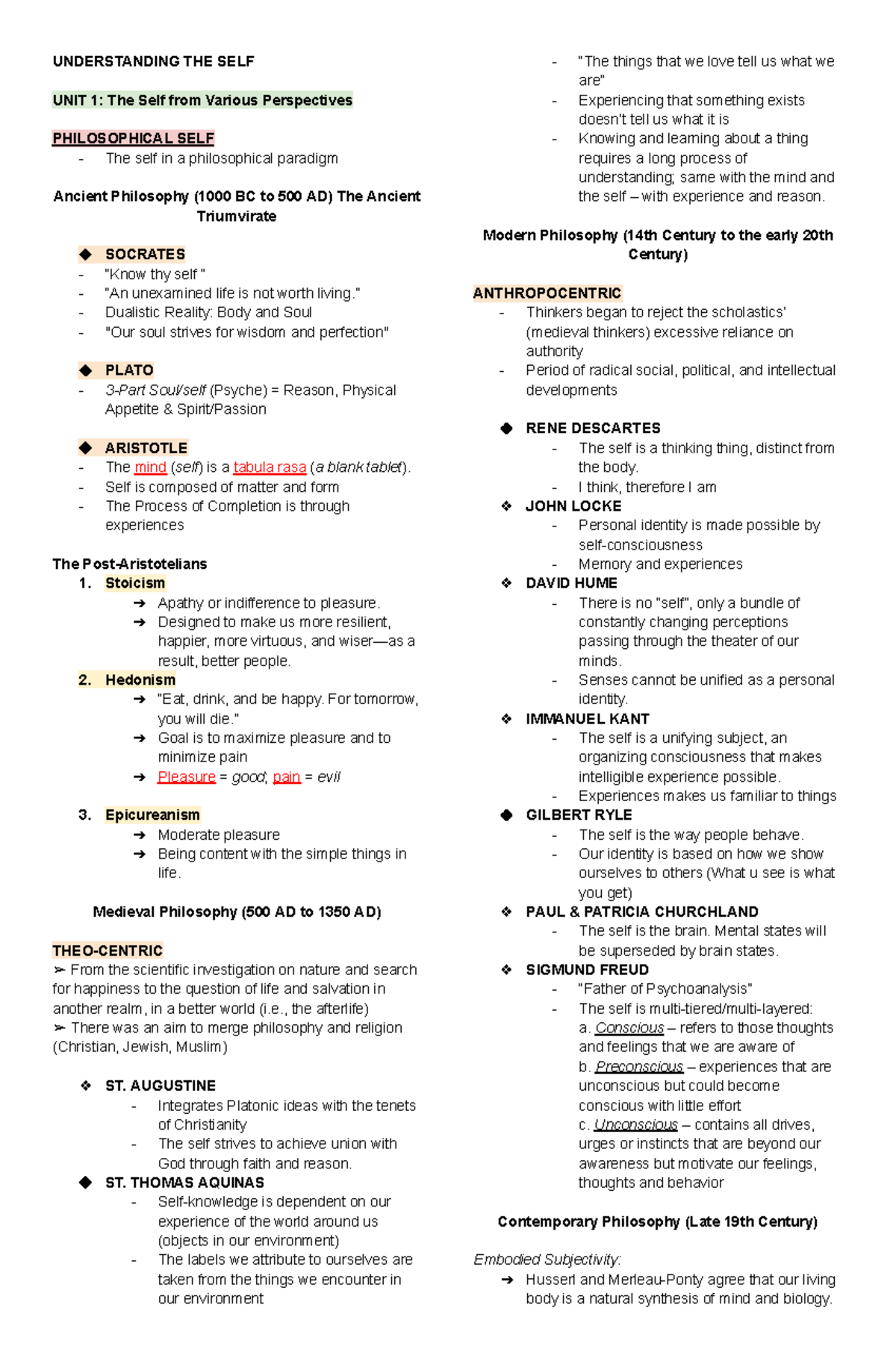 UTS Reviewer - Google Docs - UNDERSTANDING THE SELF UNIT 1: The Self from Various Perspectives ...