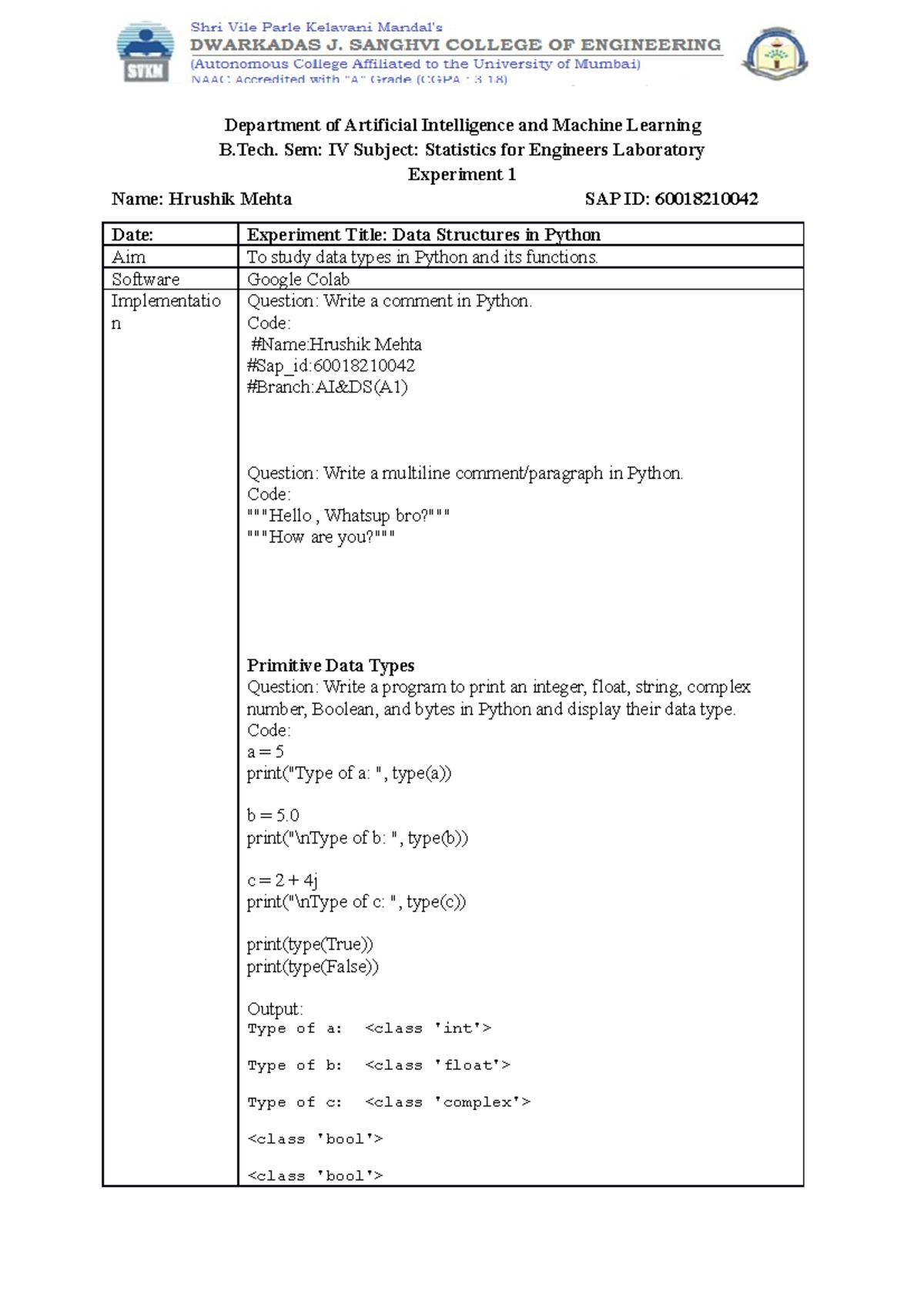 SE EXP1 42 - Department of Artificial Intelligence and Machine Learning B. Sem: IV Subject ...