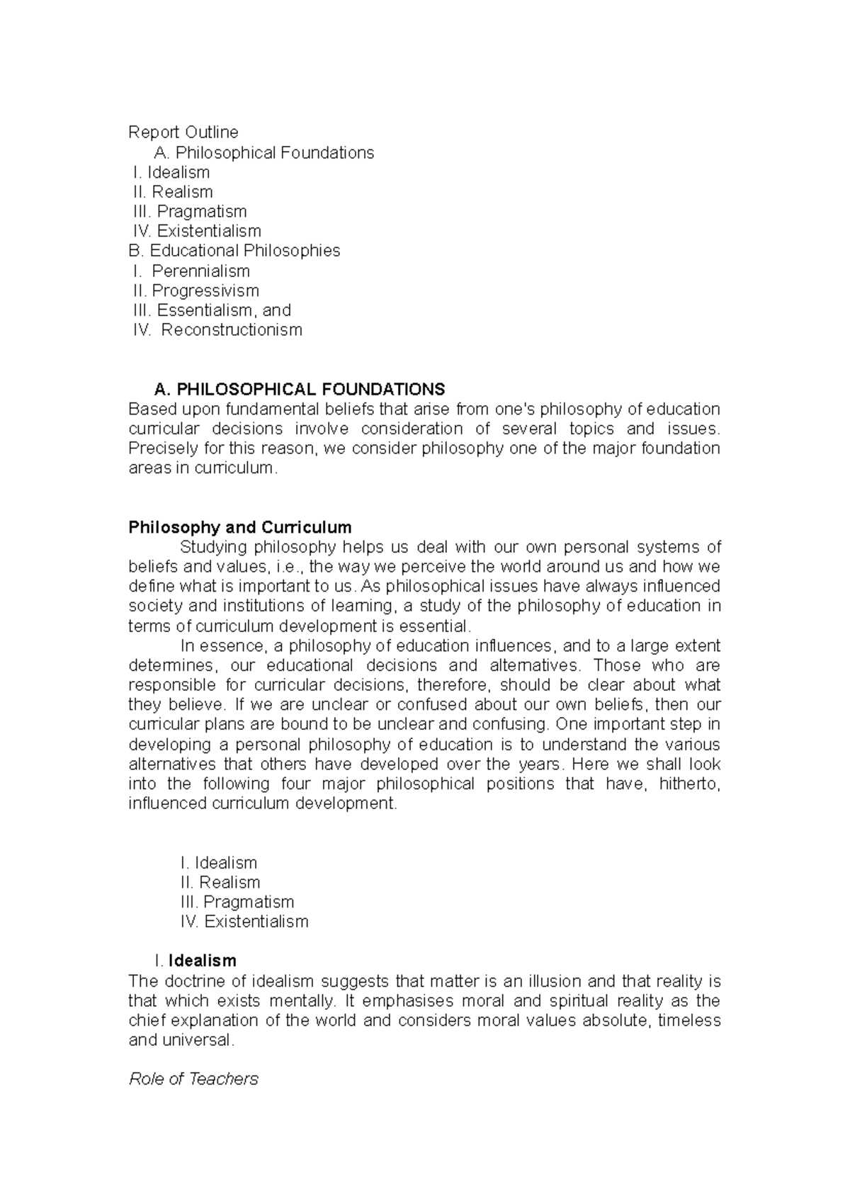 Handouts - LECTURE - Report Outline A. Philosophical Foundations I ...