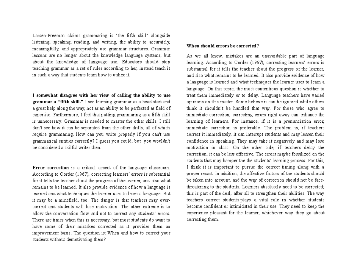 Grammaring, Grammaticalizing, error correction - Larsen-Freeman claims ...