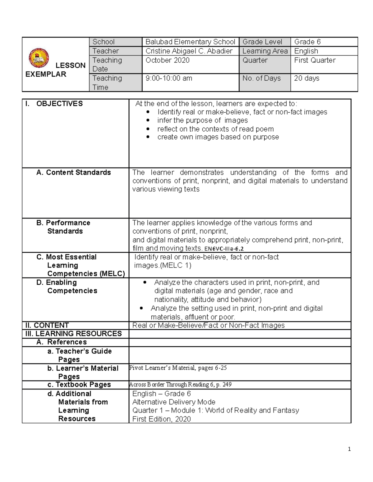 LE MELC 1 English 6 - This can be use as assessment material for ...