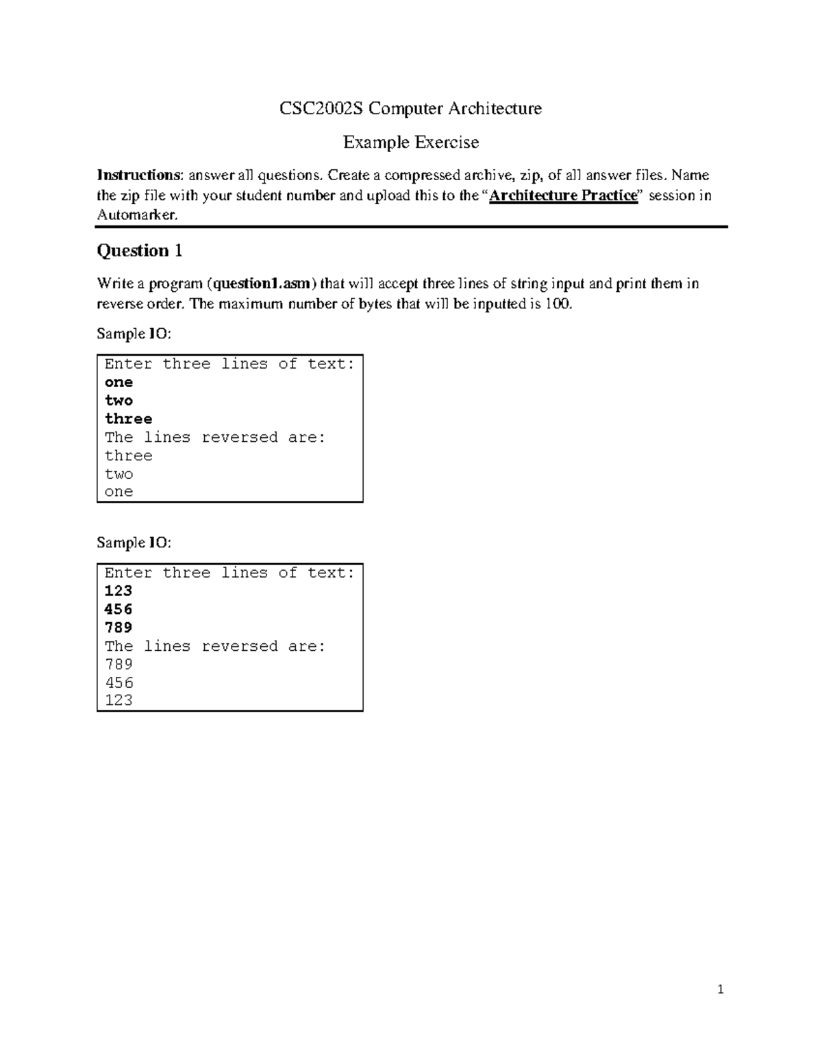 Arch Prac Test Practise - 1 CSC2002S Computer Architecture Example ...