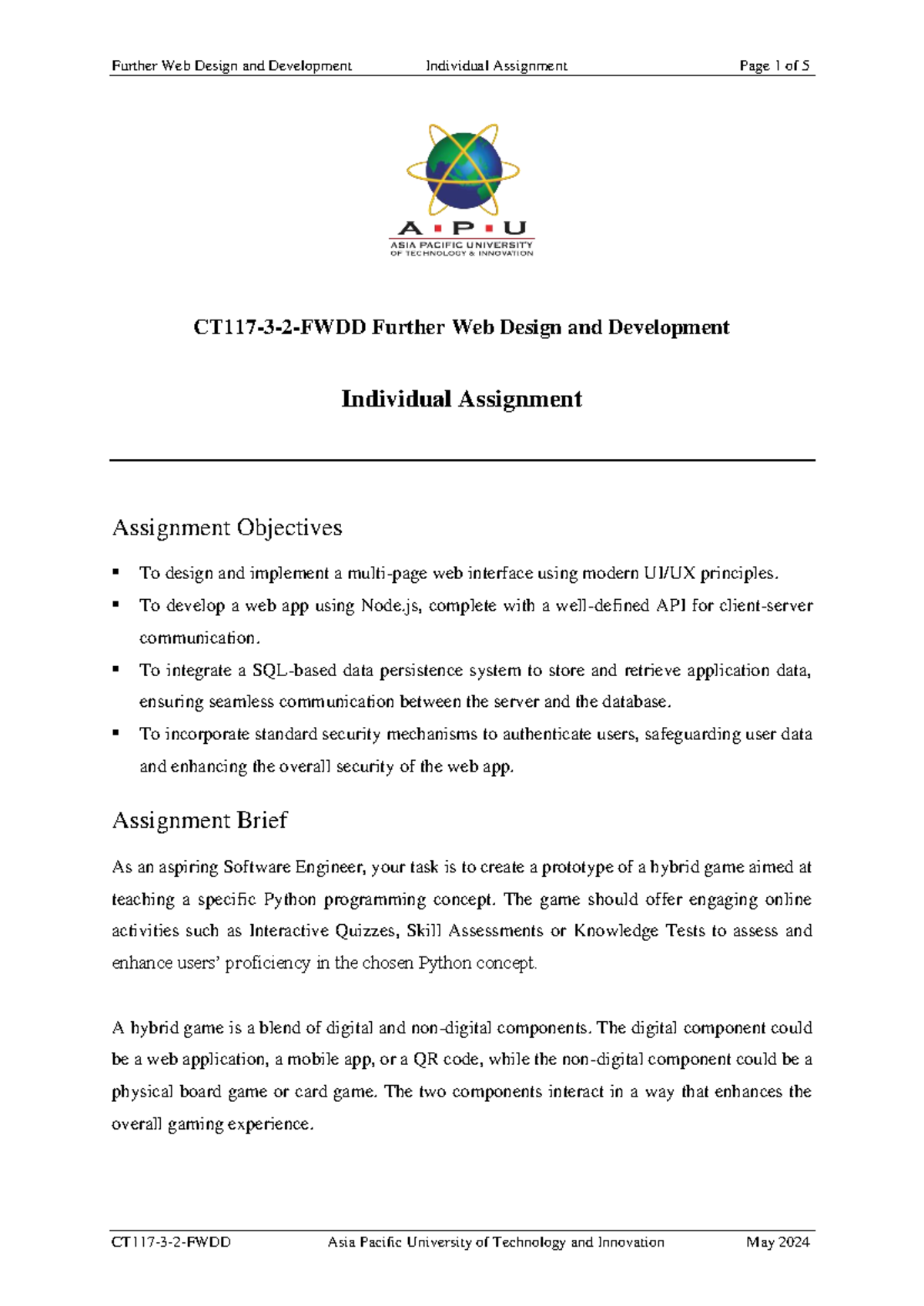 CT117-3-2 FWDD Assignment Question May 2024 - CT117- 3 - 2 - FWDD ...