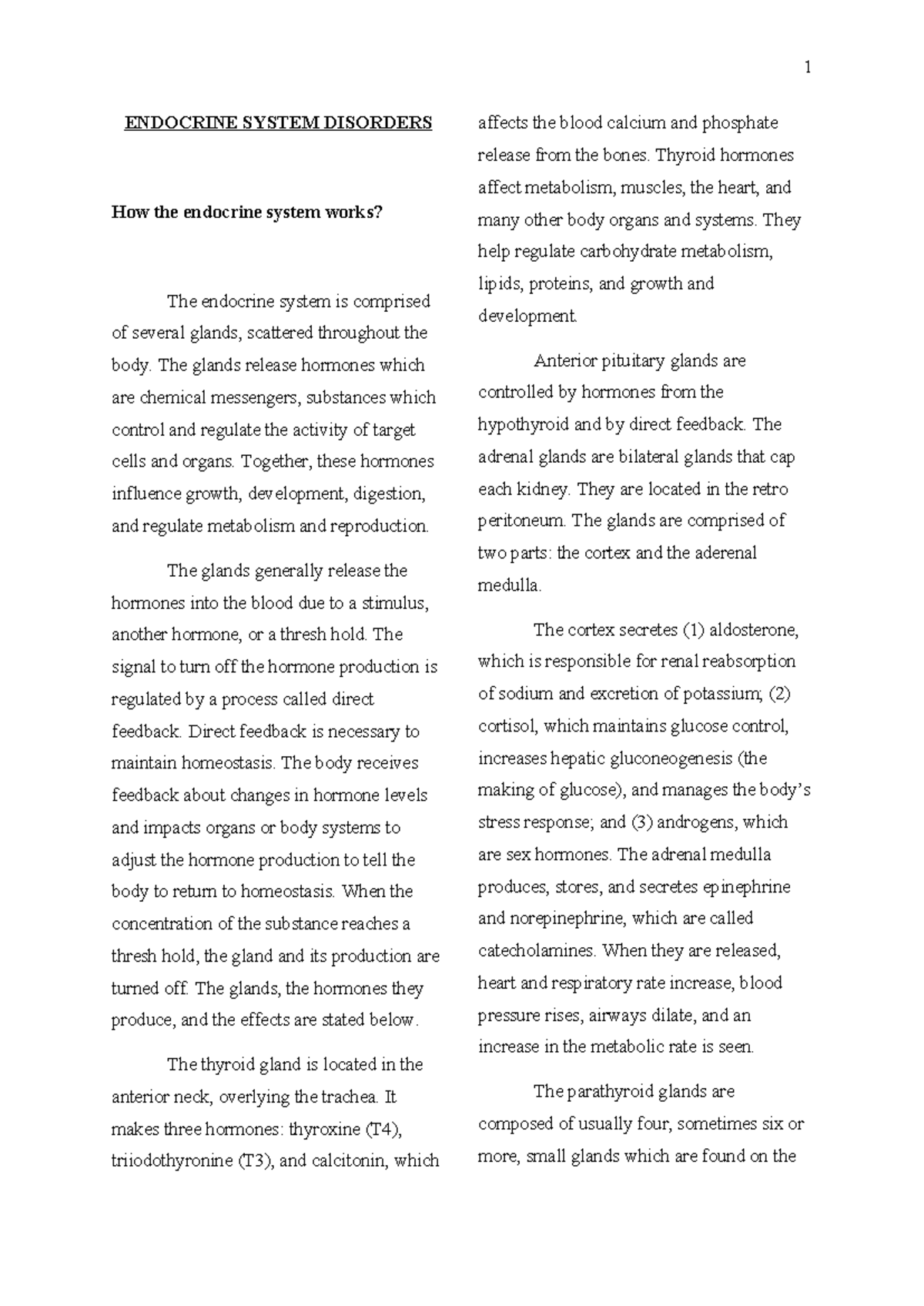 Endocrine System Disorders Unit 1 - ENDOCRINE SYSTEM DISORDERS How the ...