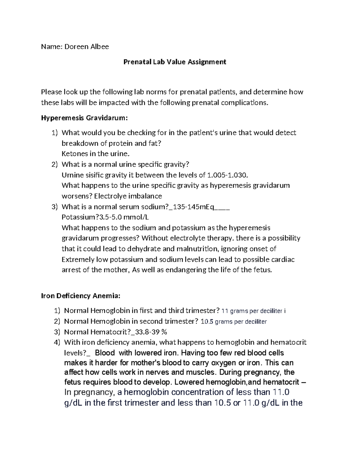 Prenatal Lab Assignment - Name: Doreen Albee Prenatal Lab Value ...