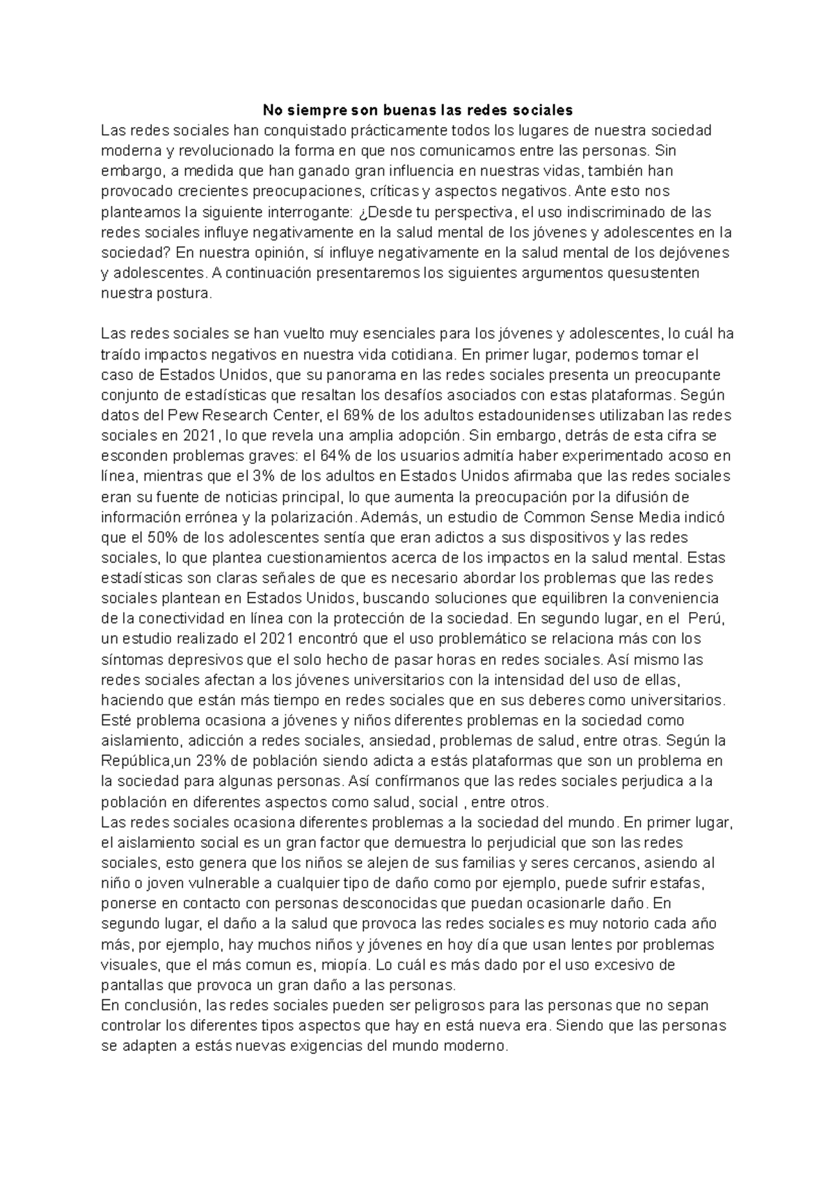 Texto argumentativo redes sociales - No siempre son buenas las redes ...