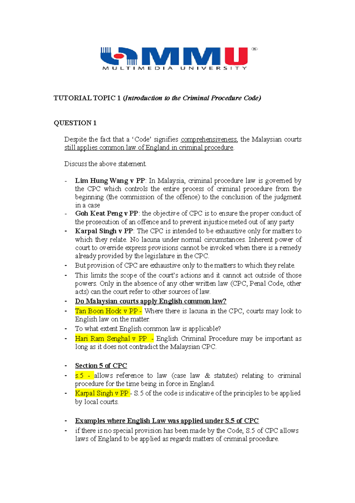Tutorial Topic 1 Q TUTORIAL TOPIC 1 Introduction To The Criminal