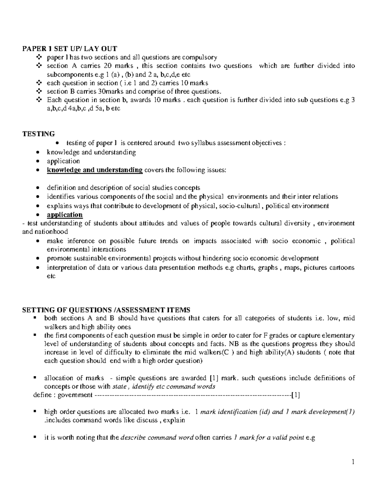 F3 revised - FULL NOTES - PAPER 1 SET UP/ LAY OUT paper I has two ...