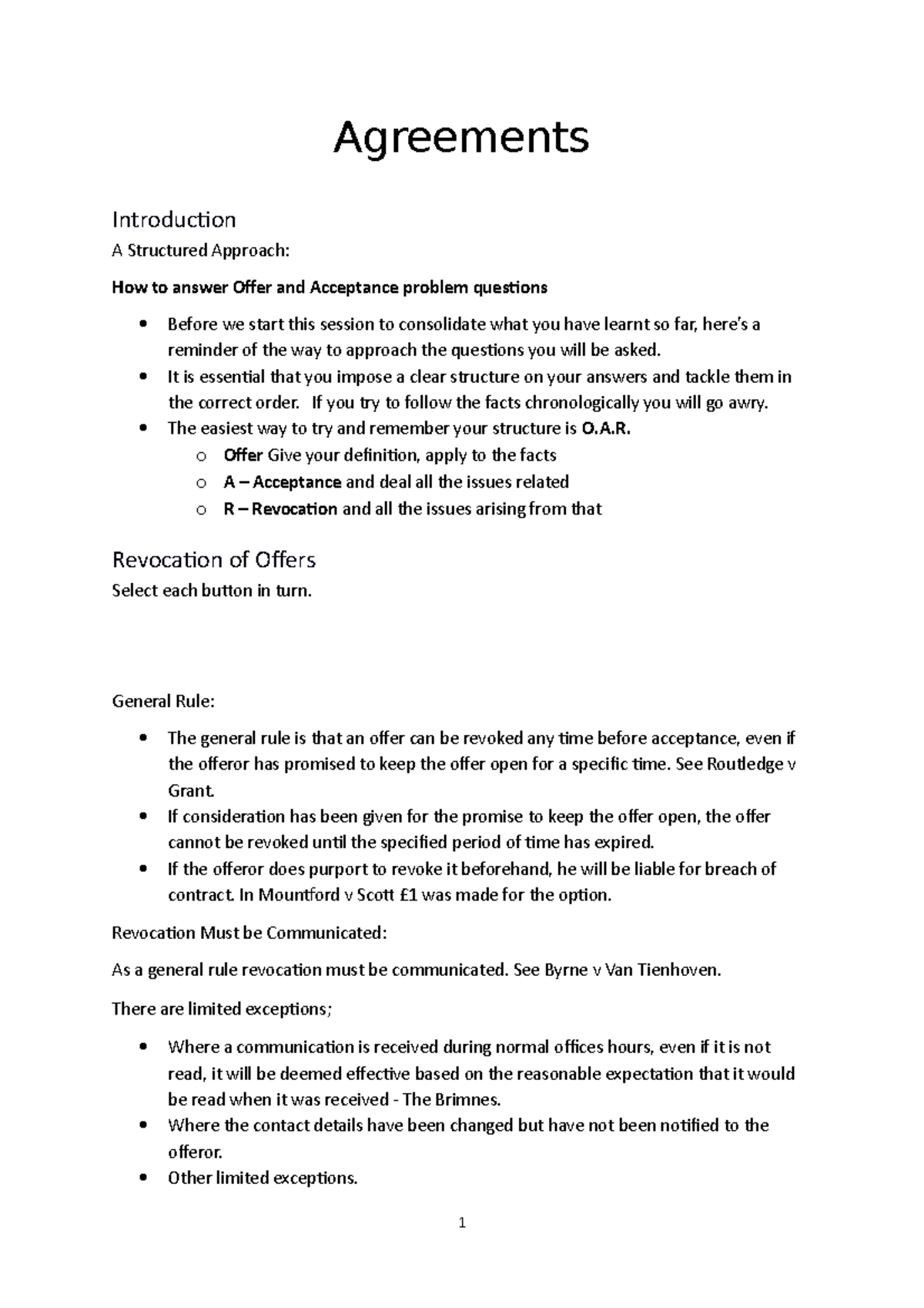 Offer and Acceptance, Contract Law LLB - Agreements Introduction A ...