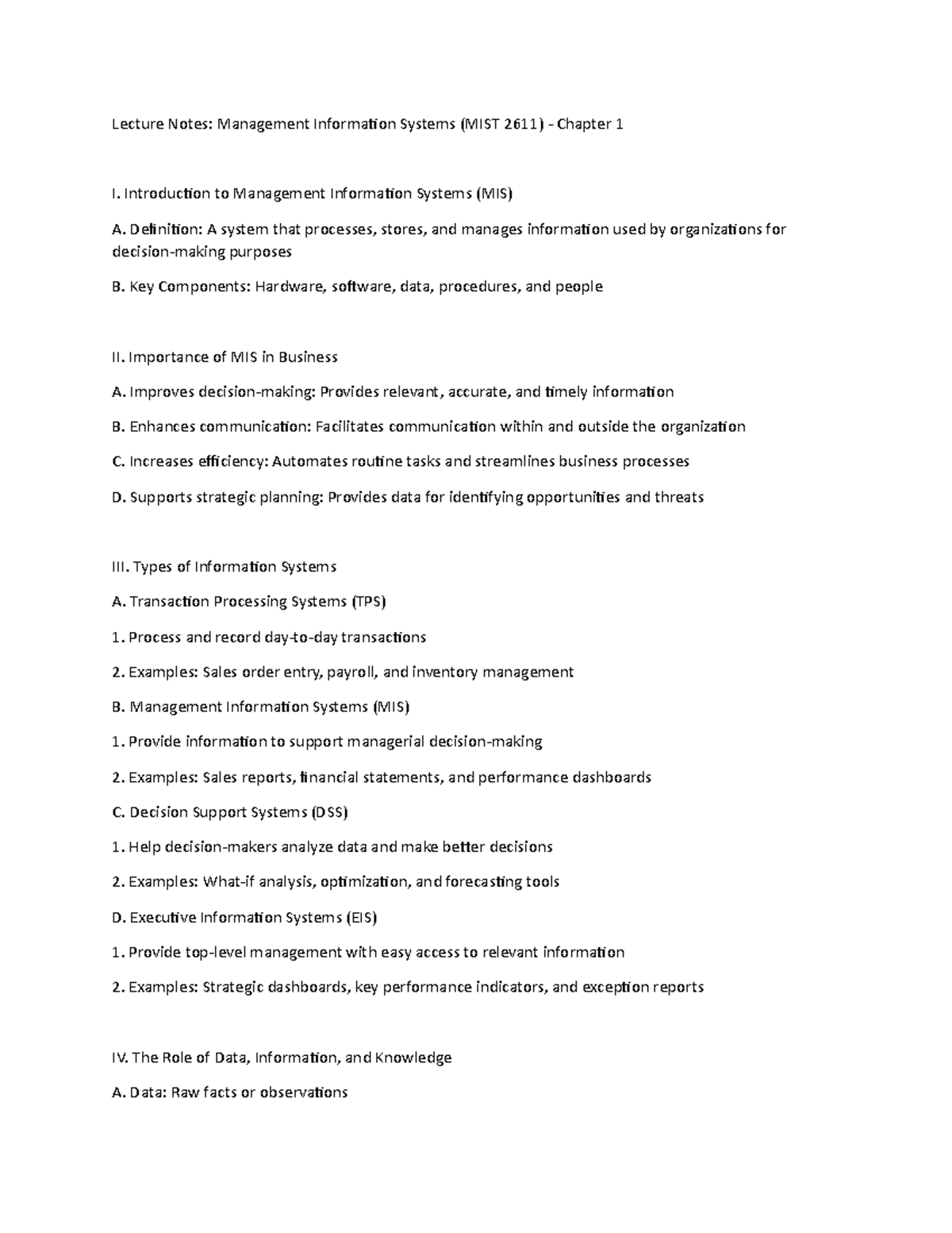 Mist chapter 1 - Lecture Notes: Management Information Systems (MIST ...