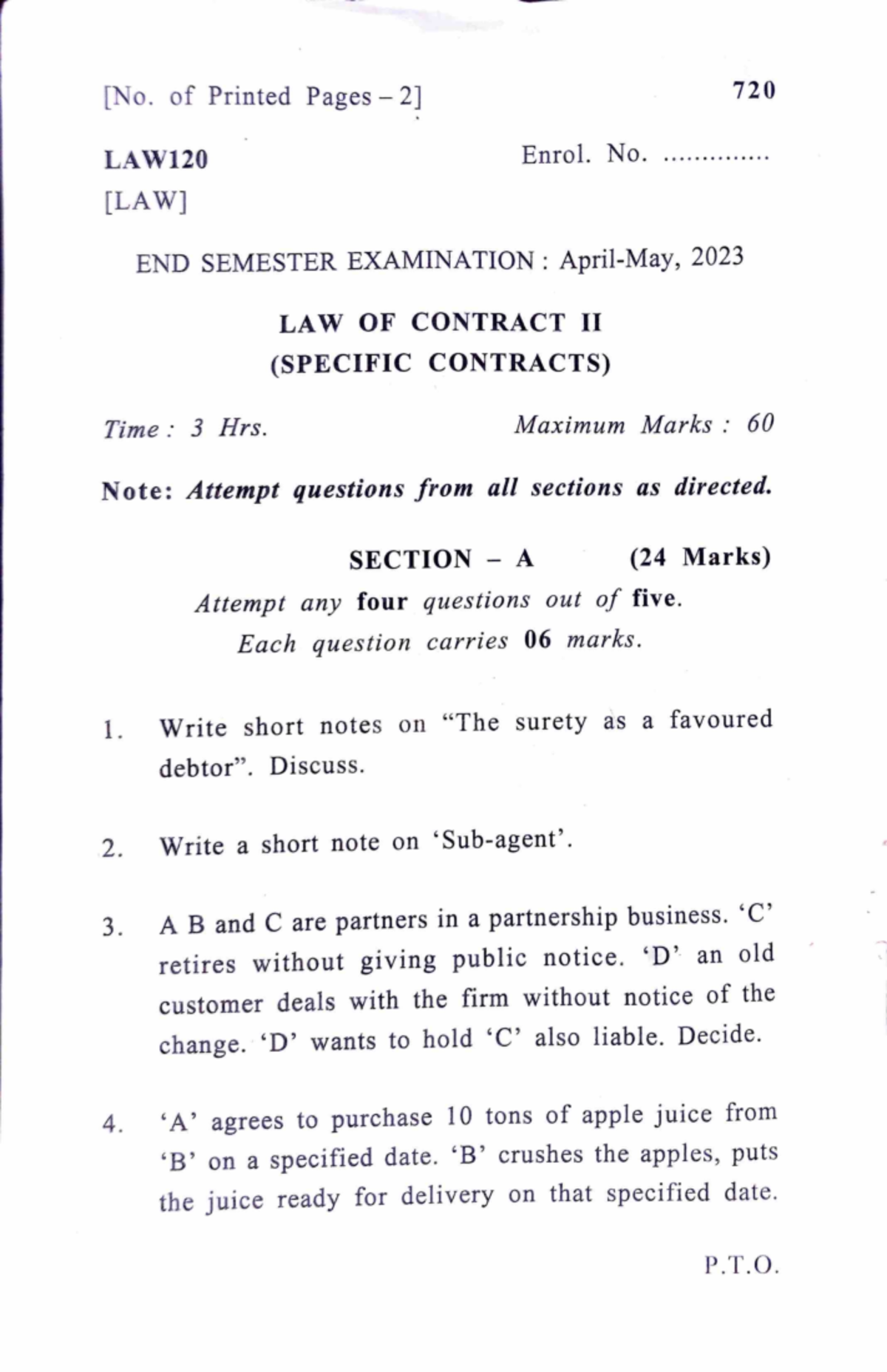 Law of Contracts-II paper - [No. of Printed Pages - 2] LAW120 Enrol. No ...