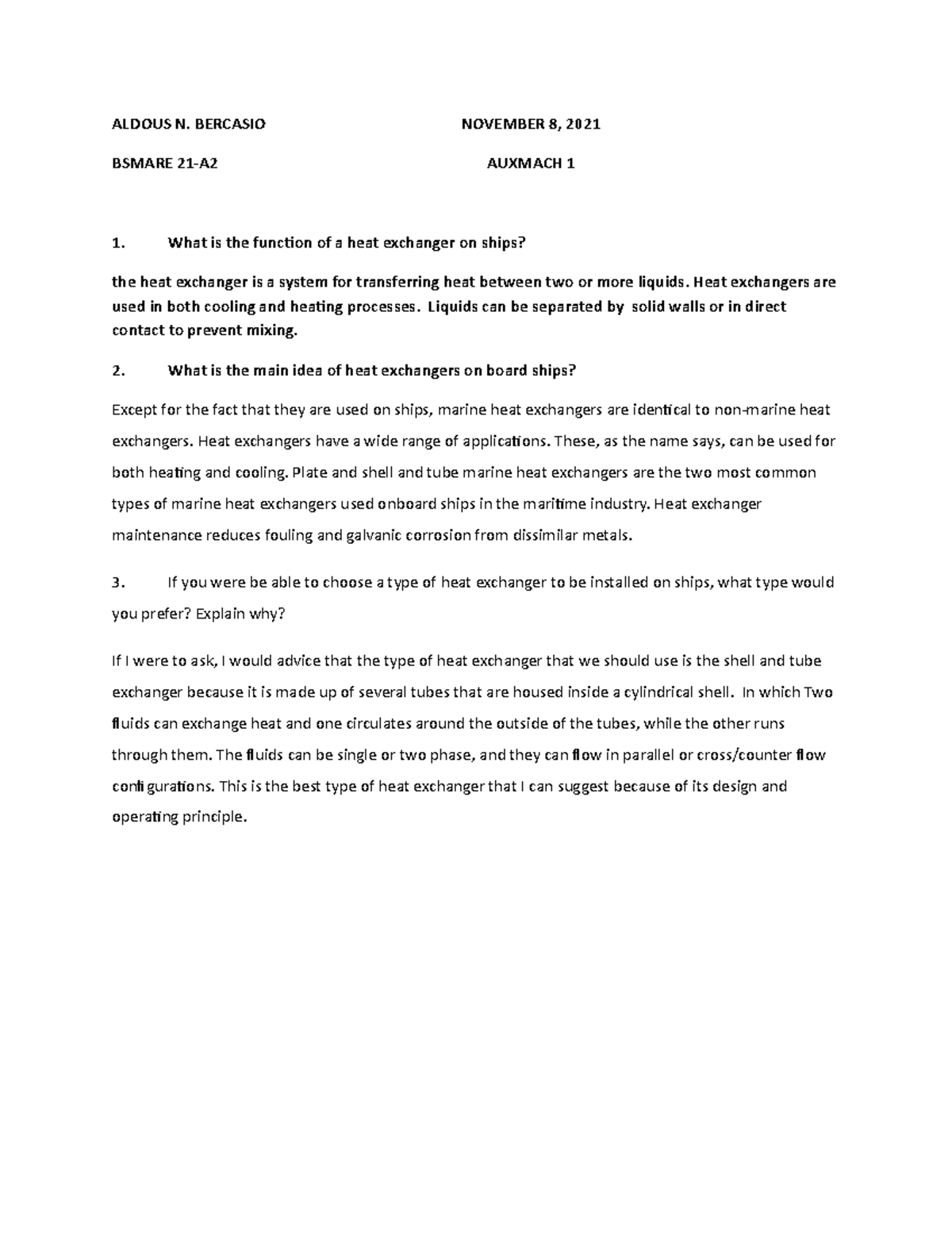 Bercasio HEAT- Exchangers-ON- Ships - ALDOUS N. BERCASIO NOVEMBER 8 ...
