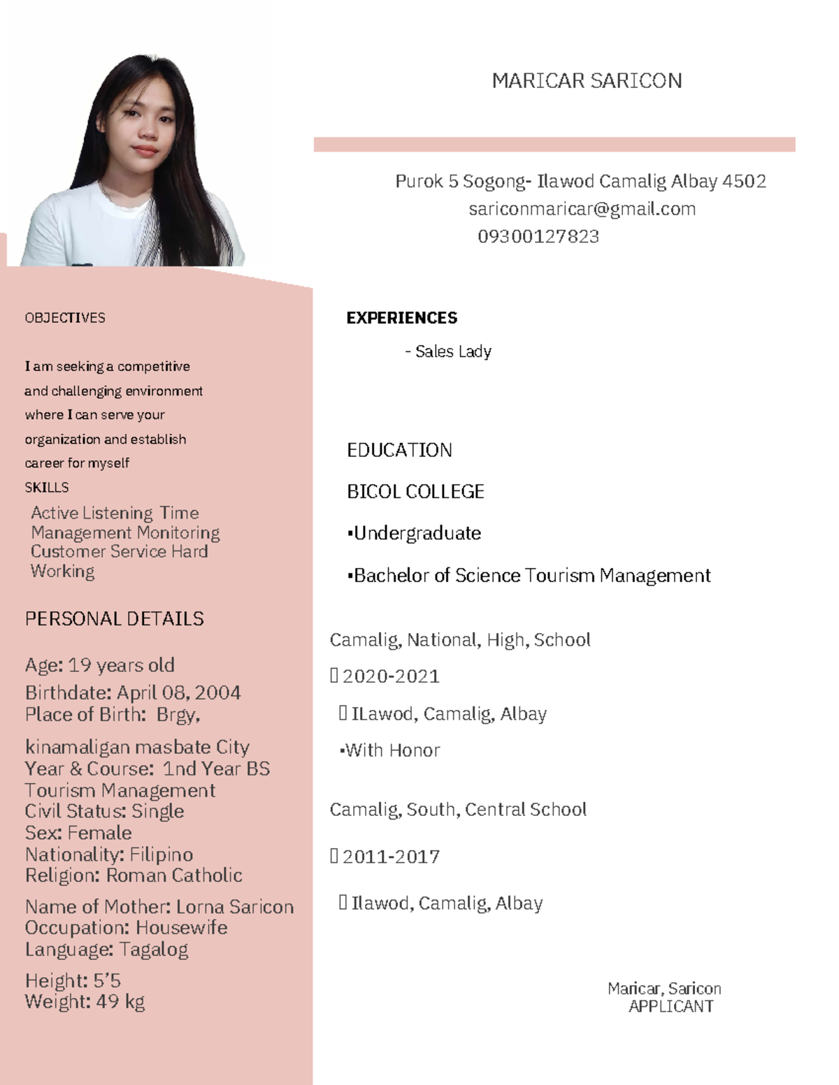 Resume - EXPERIENCES - Sales Lady Purok 5 Sogong- Ilawod Camalig Albay ...