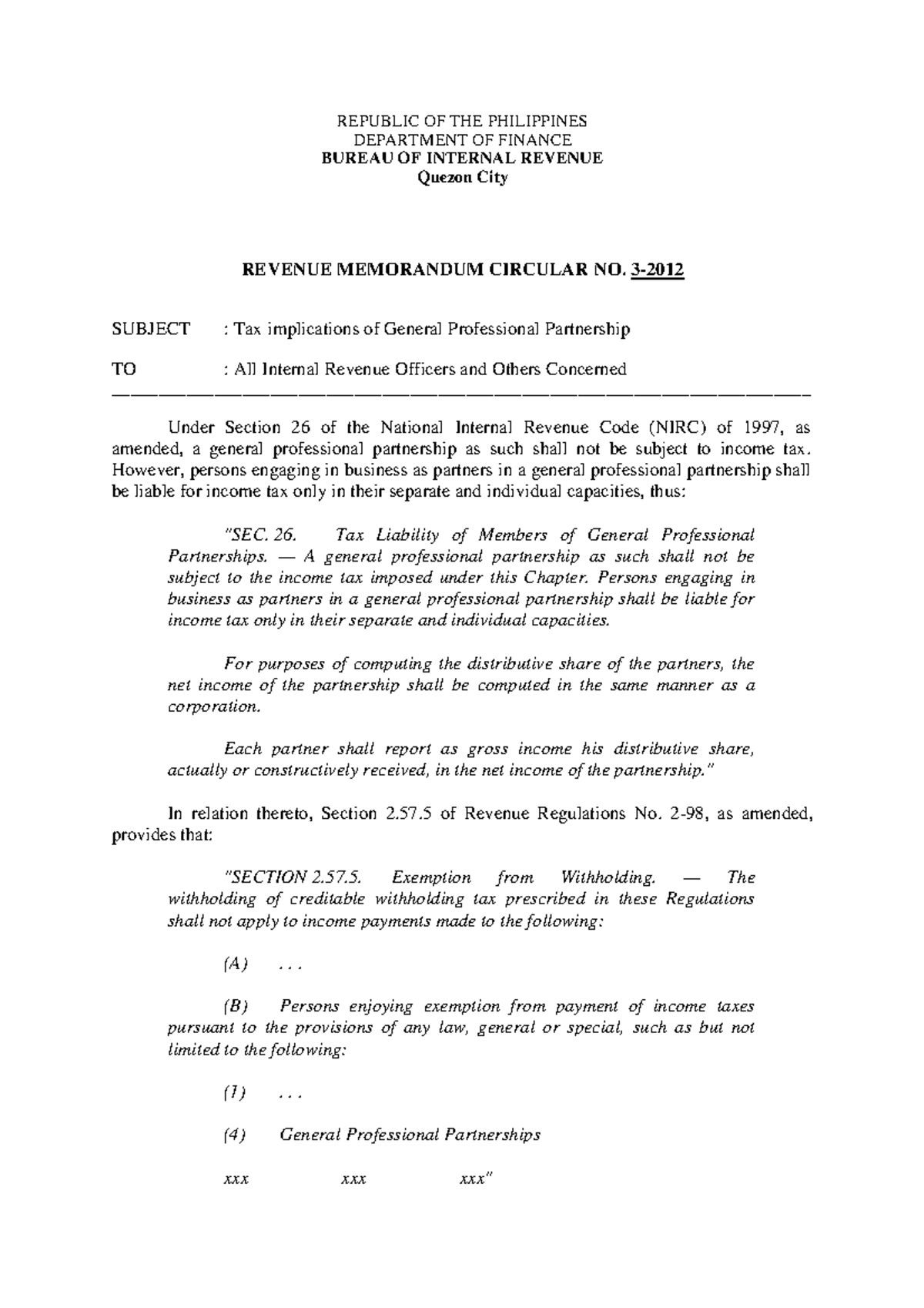 RMC No 3-2012 - RMC - REPUBLIC OF THE PHILIPPINES DEPARTMENT OF FINANCE ...