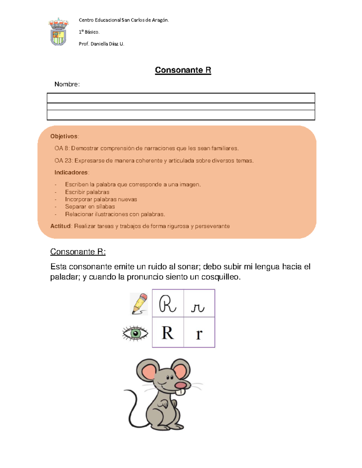 1° Básico Lenguaje Guía Consonante R 1 - Centro Educacional San Carlos ...