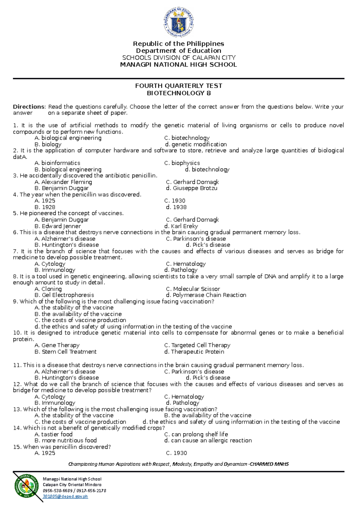 4th biotechnology 8 test - FOURTH QUARTERLY TEST BIOTECHNOLOGY 8 ...
