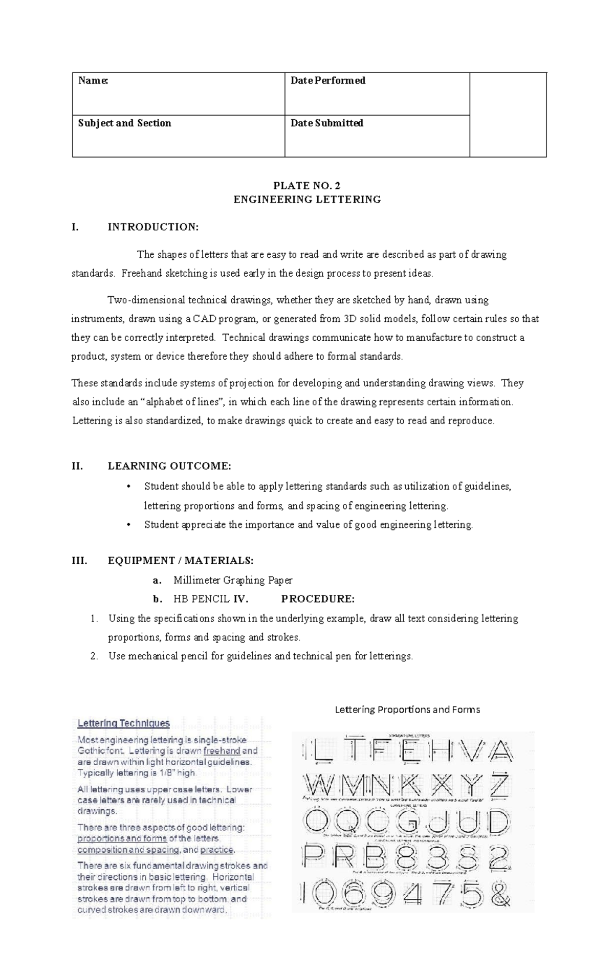 Activity no.2 Engineering Letterings - Name: Date Performed Subject and ...