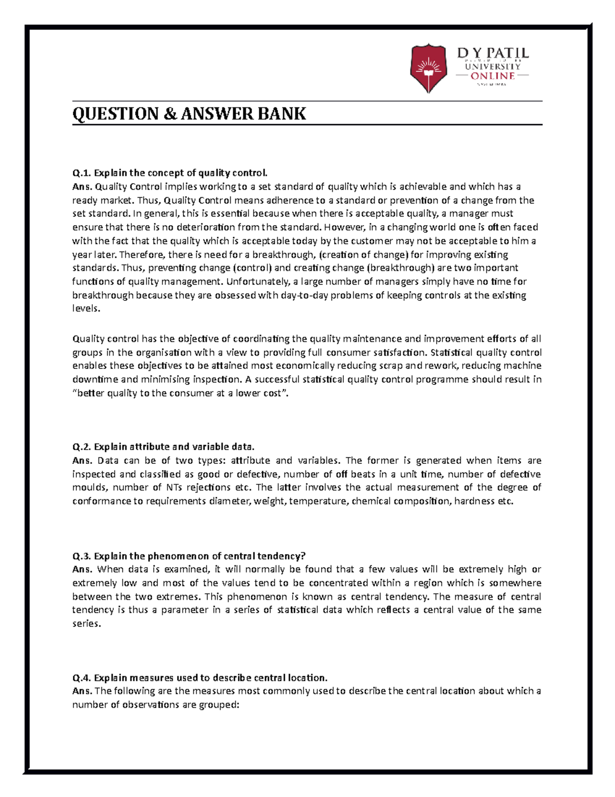 Unit 5 (QBA) Quality Assurance Control - QUESTION & ANSWER BANK Q ...