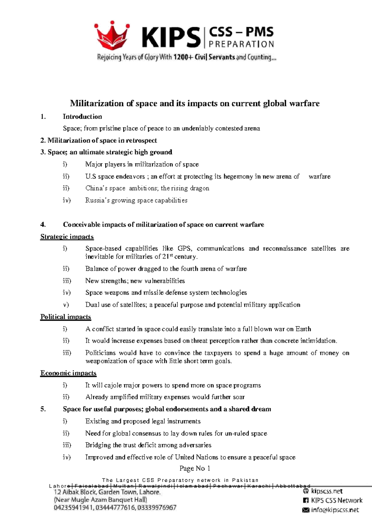 CSS Essay Notes PDF - Page No 1 Militarization of space and its impacts ...