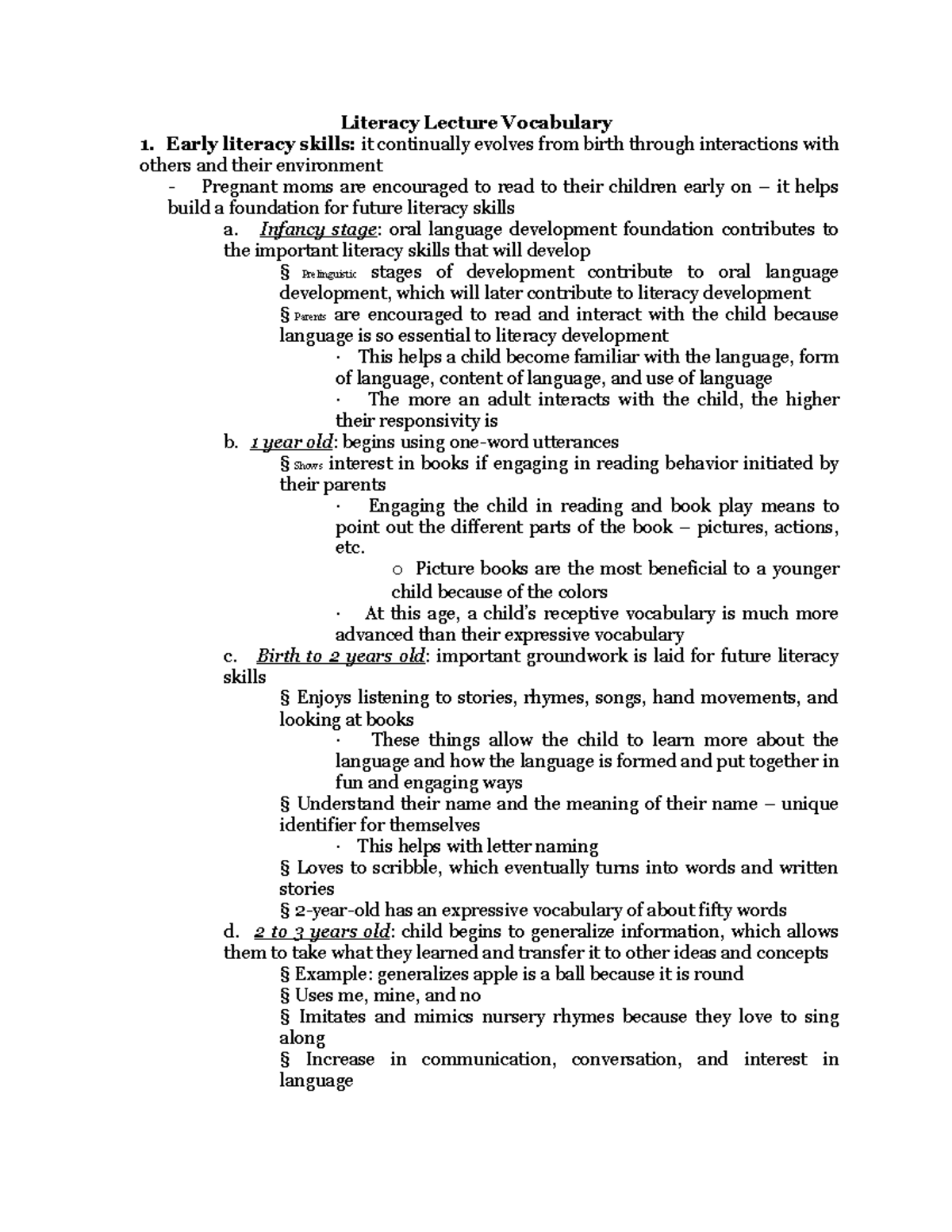 Literacy Lecture Vocabulary Literacy Lecture Vocabulary Early