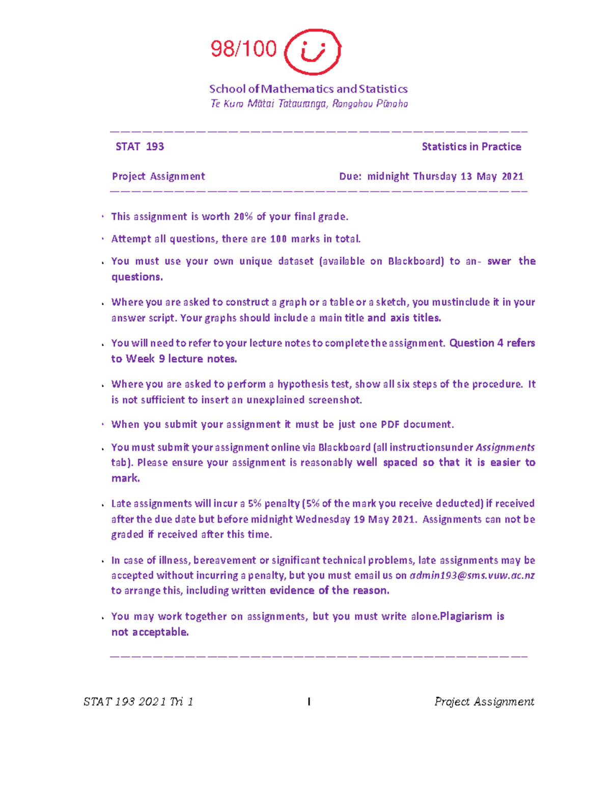 Marked Project Assignment for STAT193 - School of Mathematics and Statistics Te Kura MØatai ...