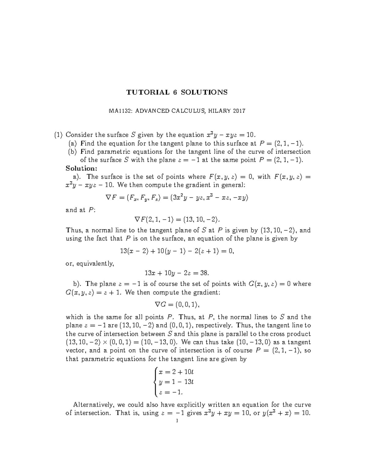 ACT6S - MAT1132 - TUTORIAL 6 SOLUTIONS MA1132: ADVANCED CALCULUS, HILARY 2017 (1) Consider the ...