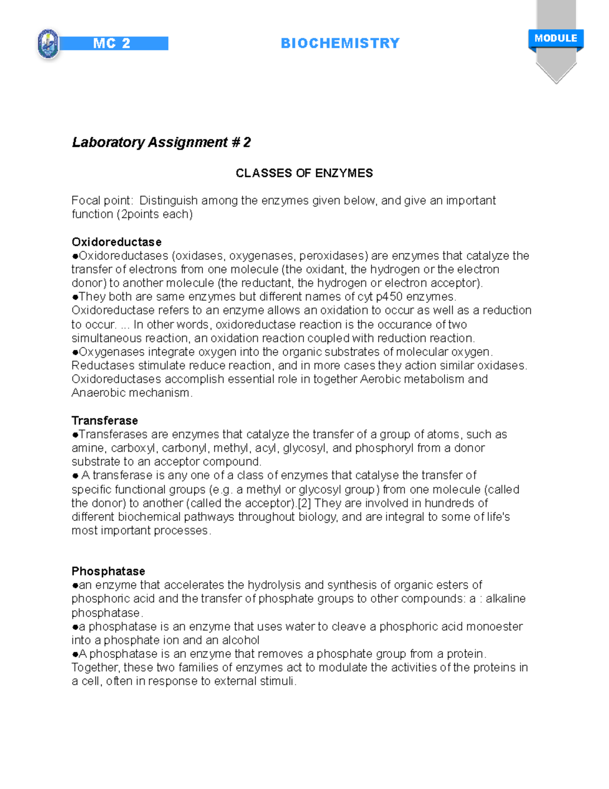 [Template] MC 2- Laboratory Assignment 6 - MC 2 BIOCHEMISTRY MODULE ...