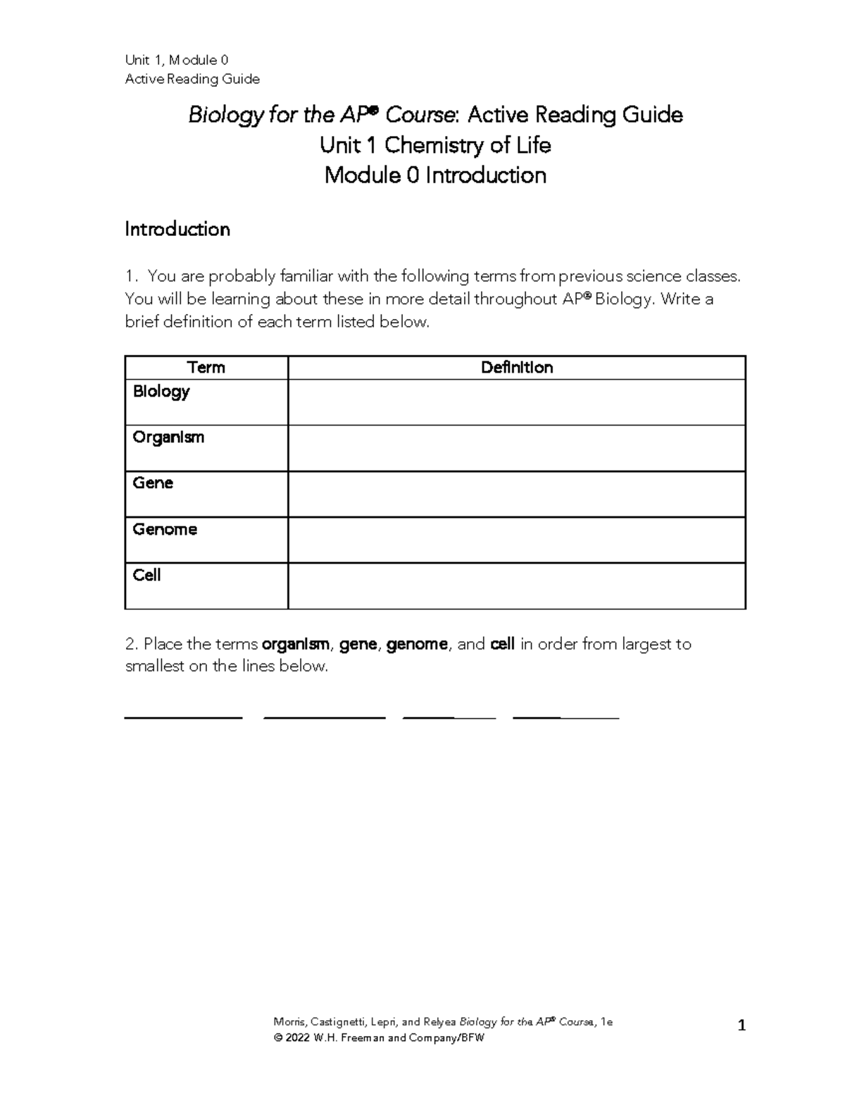 Module 0 Reading Guide 2 - Active Reading Guide 1 Biology for the AP ...