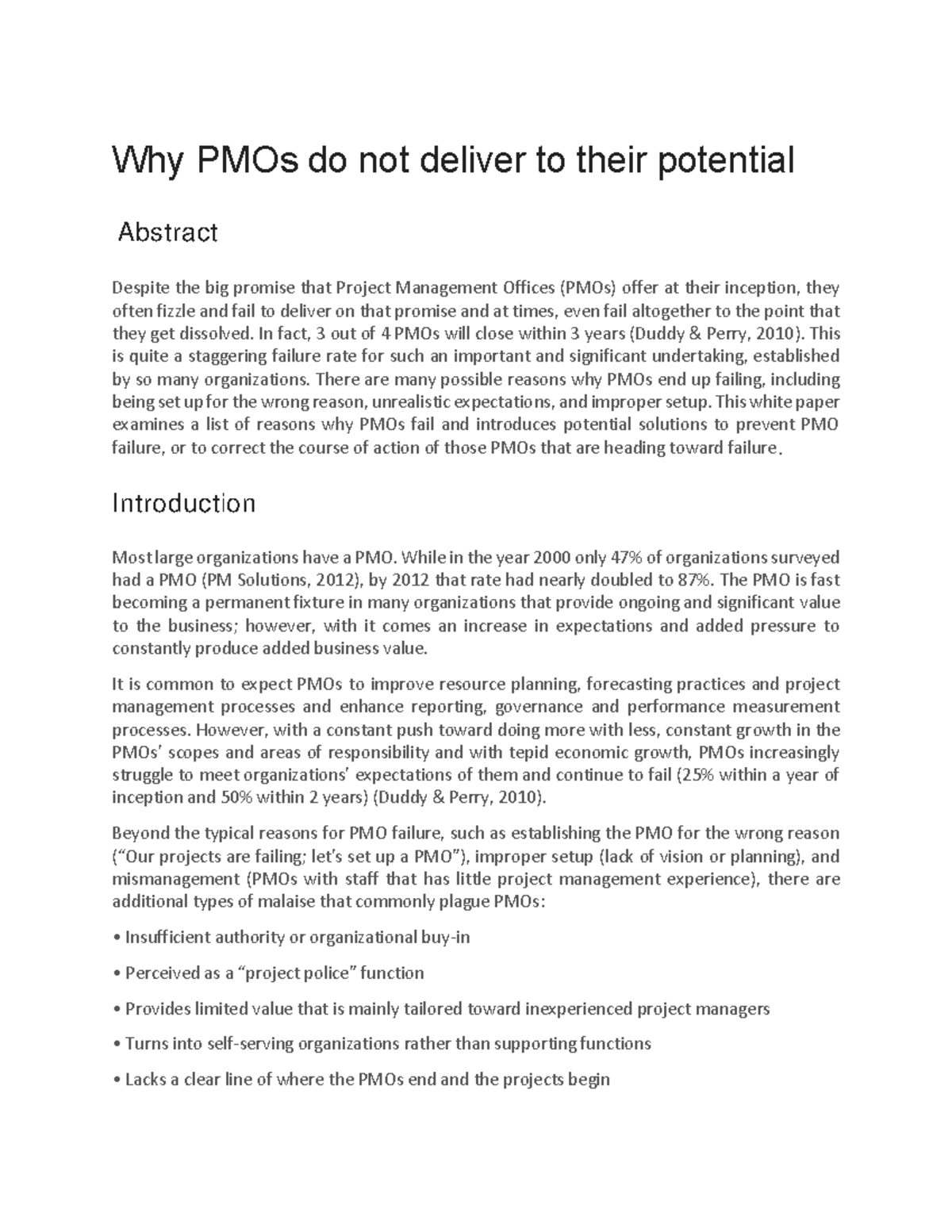 Case Study 1 - Why PMO fail Students - Why PMOs do not deliver to their ...