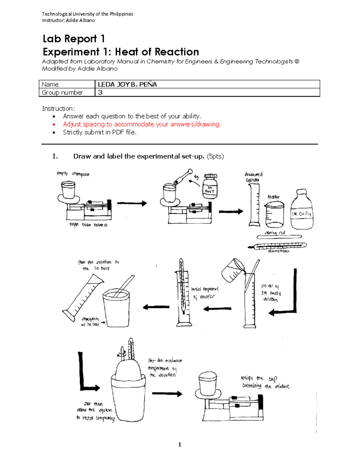 PEÑA Lab Report 1 Heat of Reaction - Instructor: Addie Albano Lab ...